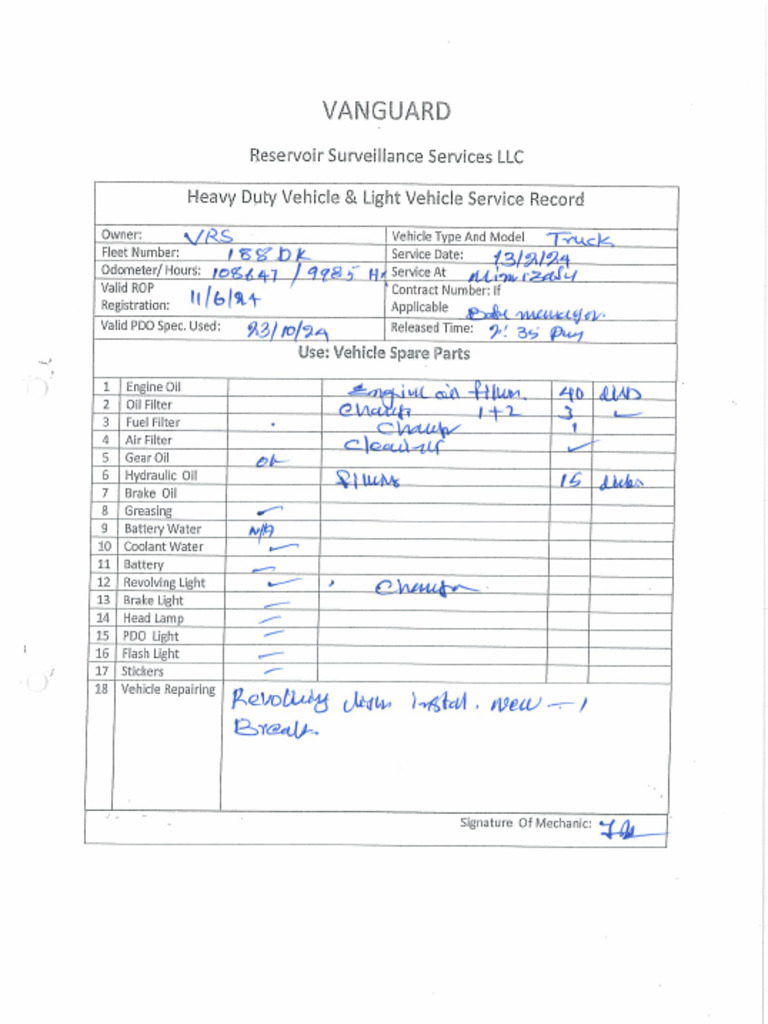 Vehicle Service Record & Job Card | PDF