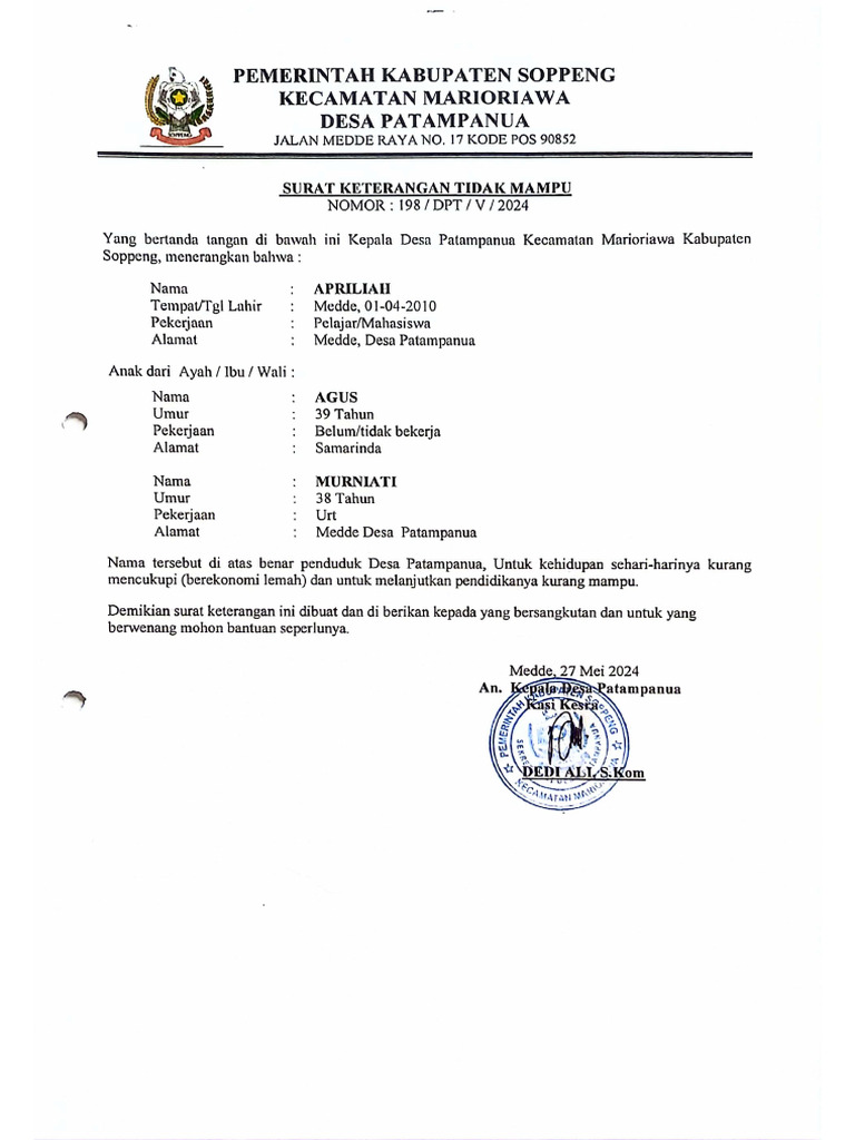 Suket Tidak Mampu Apriliah | PDF