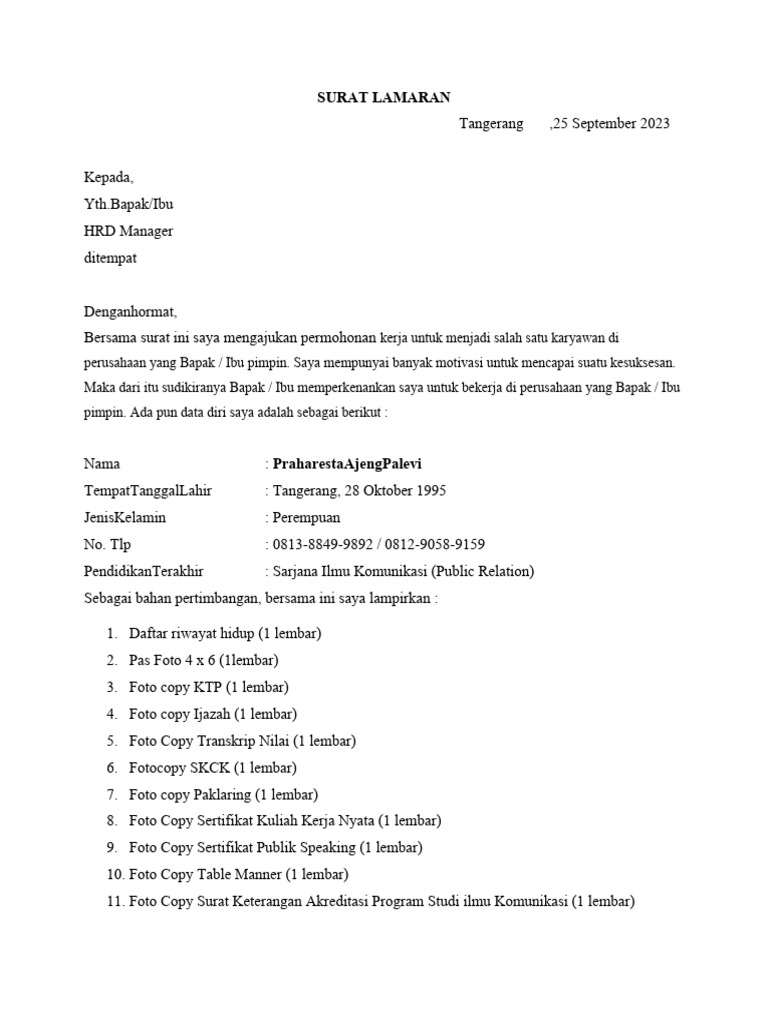 Surat Lamaran Kerja | PDF | Karier & Perkembangan