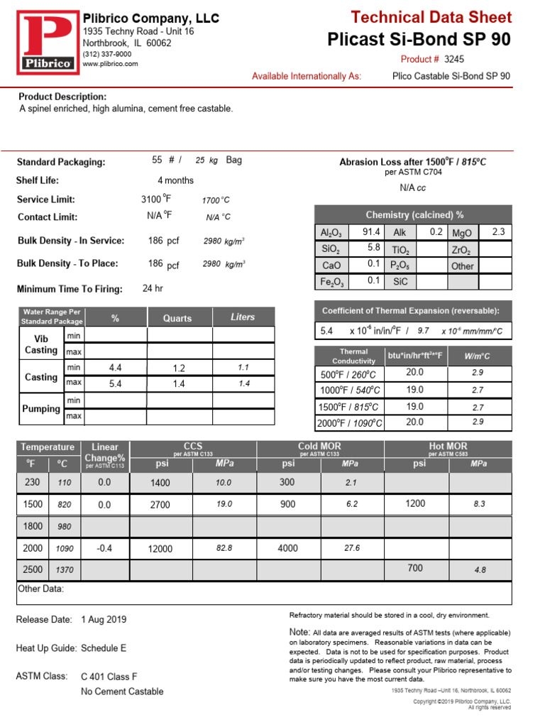 Plibrico TDS 3245 Plicast Si Bond SP90 | PDF | Refractory | Materials