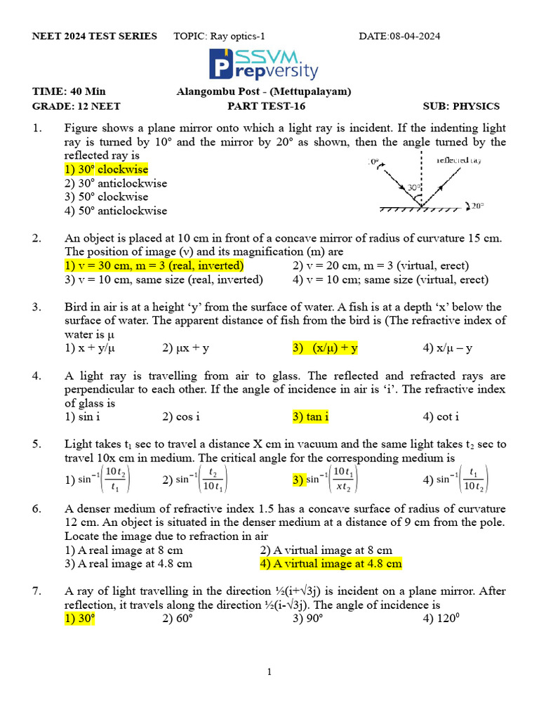 16-TEST-DT-08-04-2024-TOPIC - Ray Optics - 1 | PDF | Refraction ...