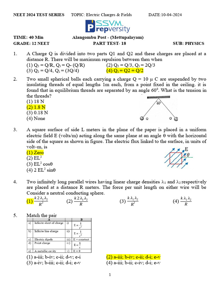 18-TEST-DT-10-04-2024-Topic-Charges & Fields & Gauss Law | PDF | Atomic ...