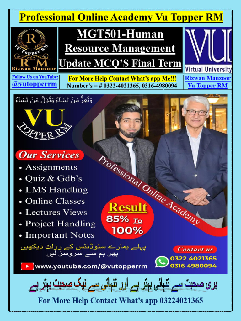 MGT501 Mcqs FinalTerm by Vu Topper RM-1 | PDF | Recruitment | Employment