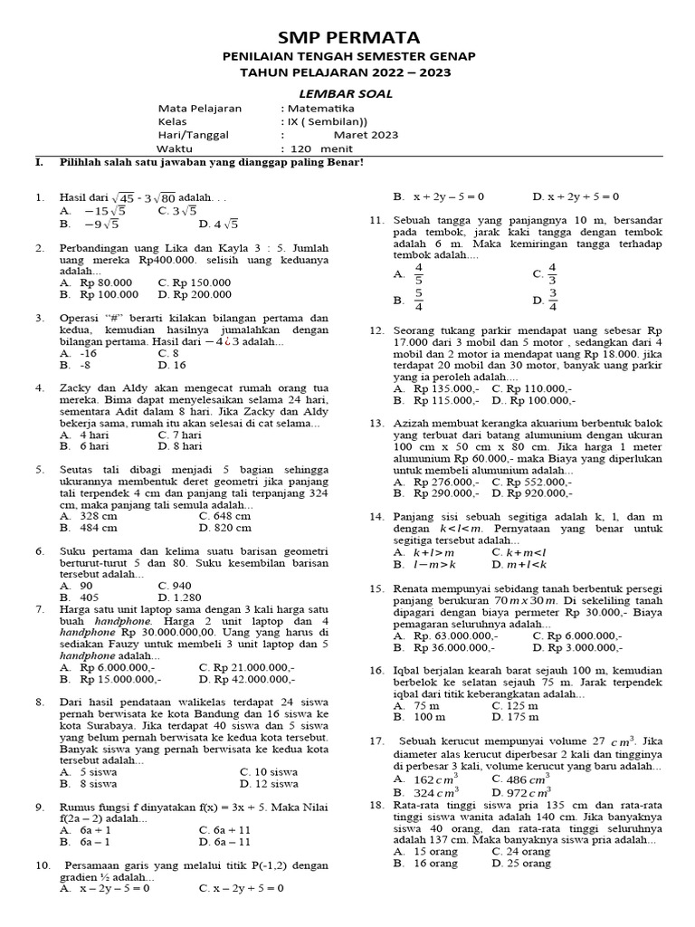 PTS MTK Kelas 9 Semester 2 | PDF