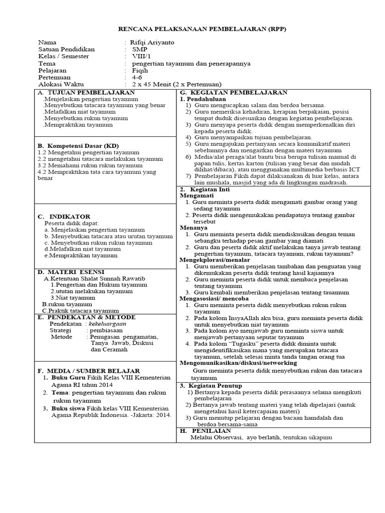 RPP - Fikih - Kelas - 2 - Tentang Bab Tayamum | PDF