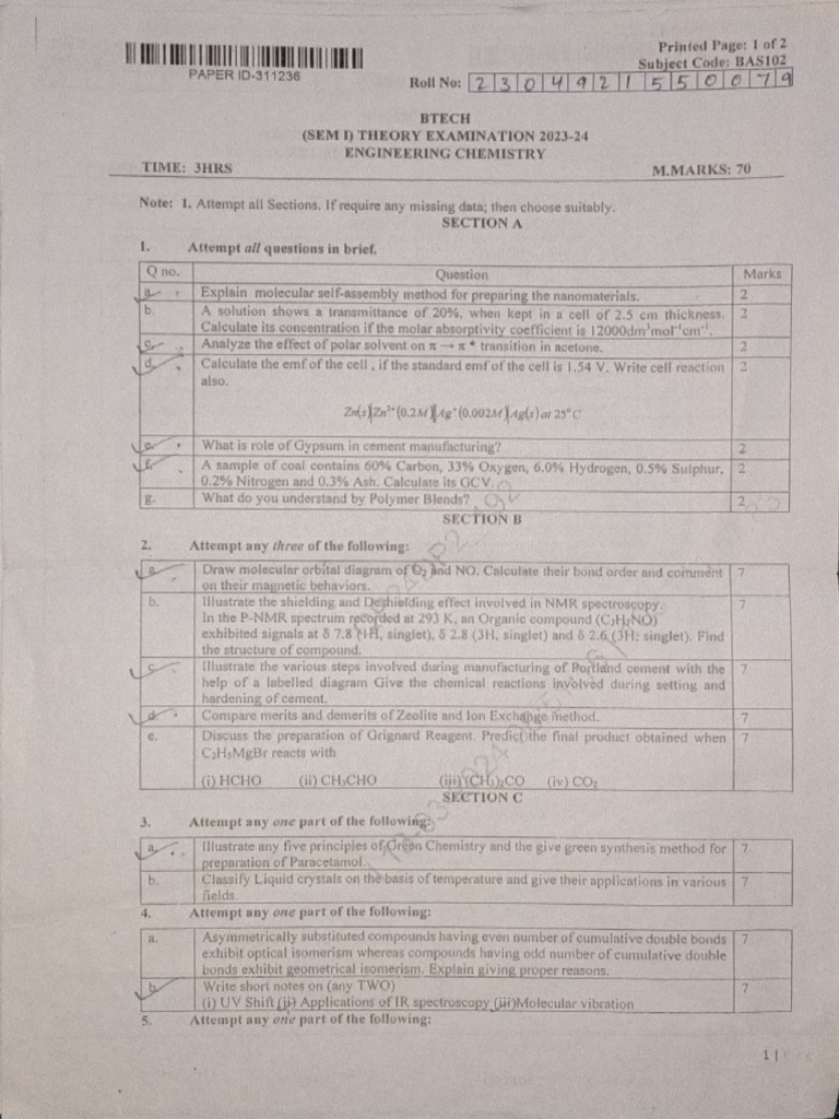 1st Year - Sem I All QP (2023-2024) | PDF