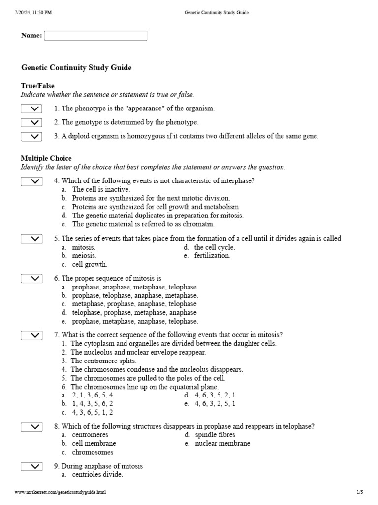 Genetic Continuity Study Guide | PDF | Meiosis | Mitosis