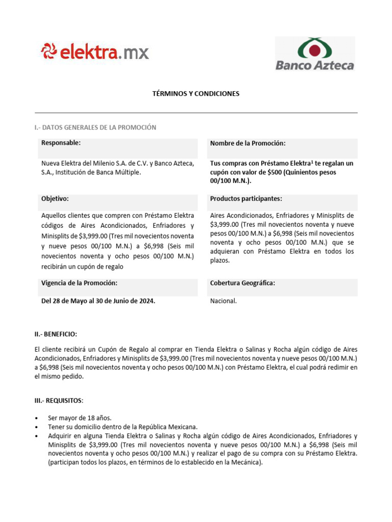 Cupón de $500 por Compras con Préstamo Elektra | PDF | Cupón