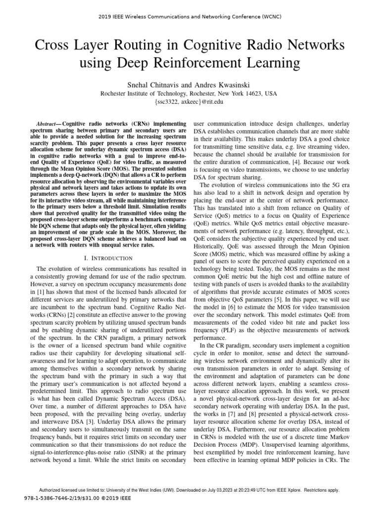 Cross Layer Routing in Cognitive Radio Networks Using Deep Reinforcement Learning | PDF ...