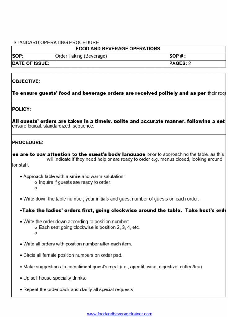 SOP Take Beverage Order | PDF | Waiting Staff | Drink