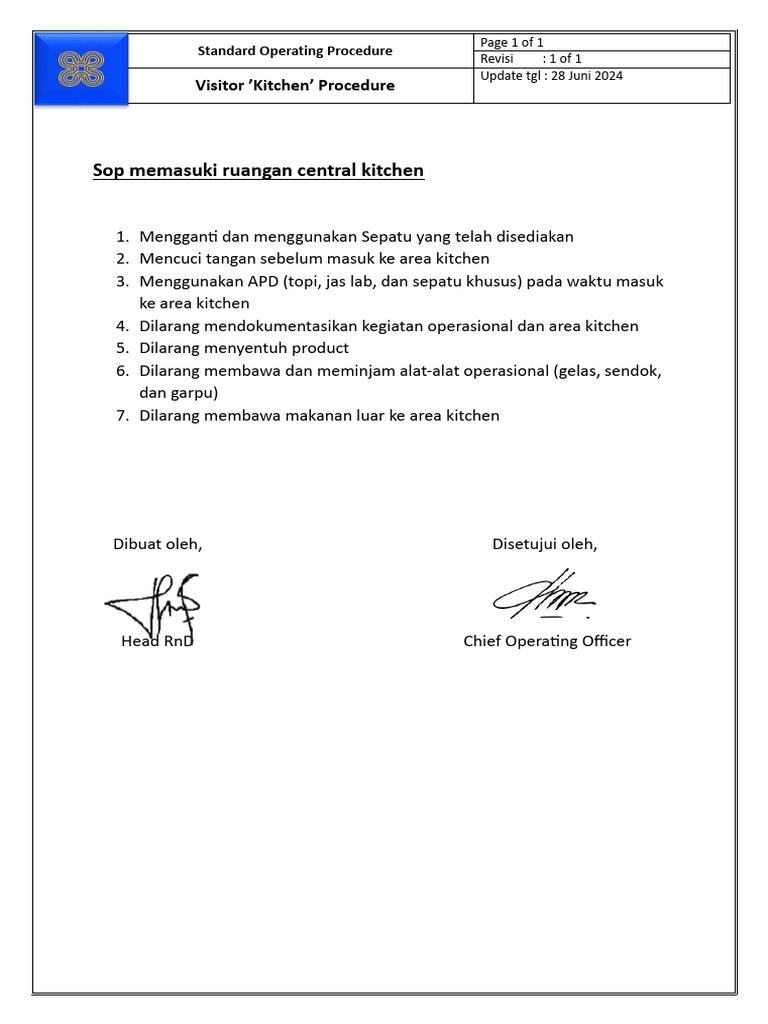 Sop Memasuki Ruangan Central Kitchen | PDF