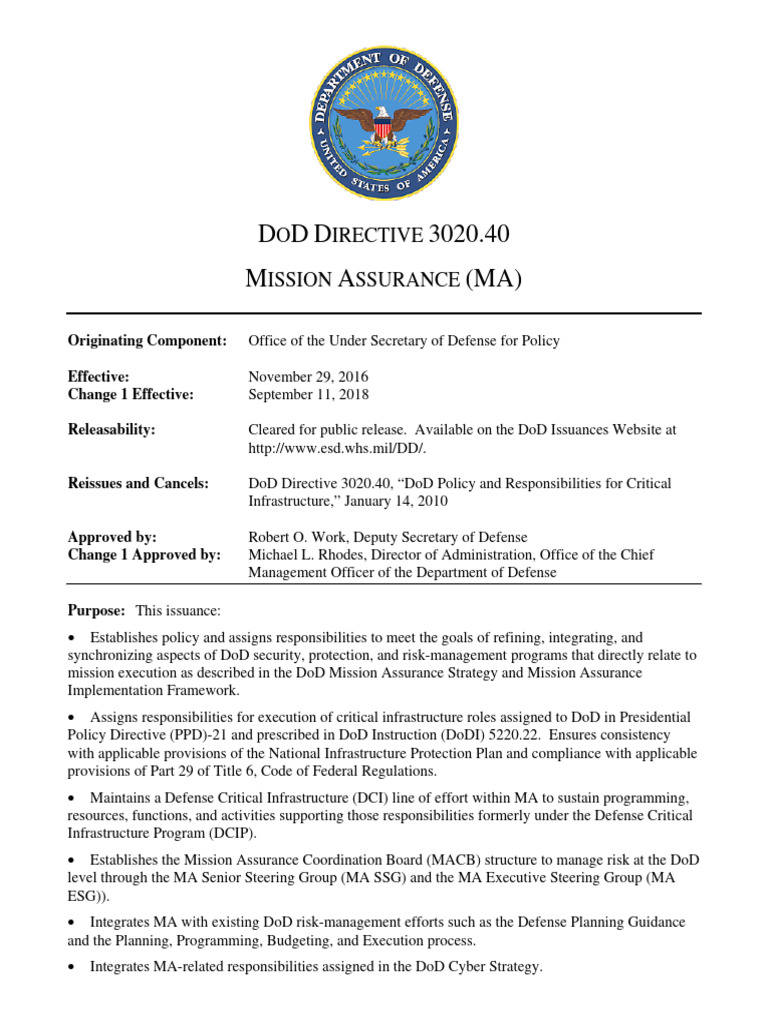 DoD Directive 3020.40, Mission Assurance (MA) | PDF | United States ...