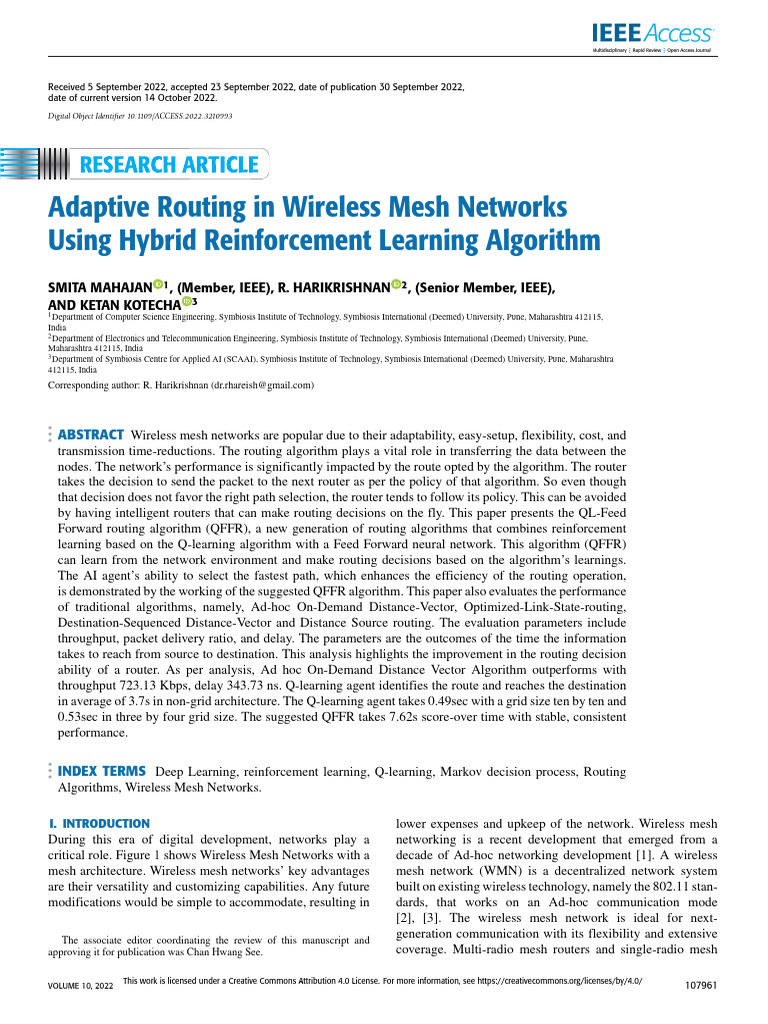 Adaptive Routing In Wireless Mesh Networks Using Hybrid Reinforcement Learning Algorithm Pdf