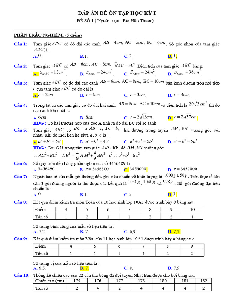 De Cuong Toan 10 HK1 2023 2024 - Dap An | PDF
