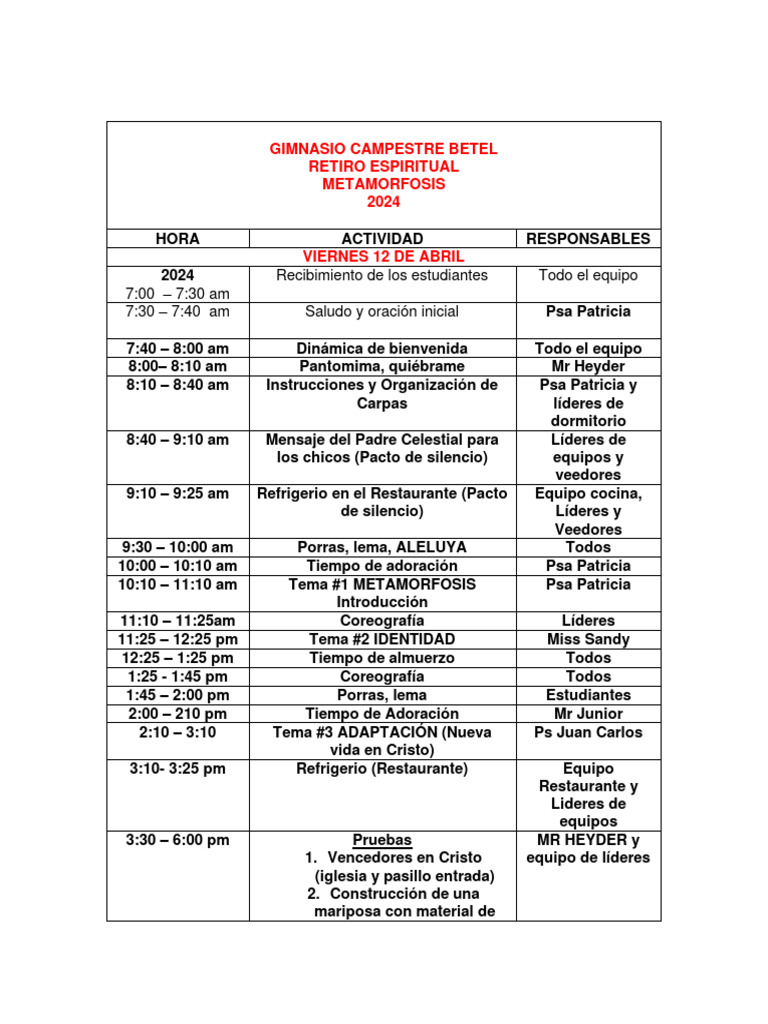 Programa Retiro Espiritual 2024 | PDF | Comida