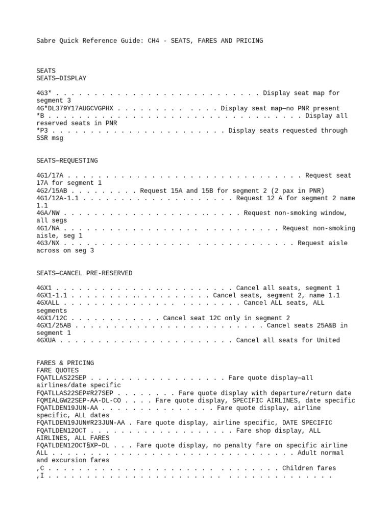 Sabre Quick Reference Guide CH4 - S | PDF | Transport | Civil Aviation