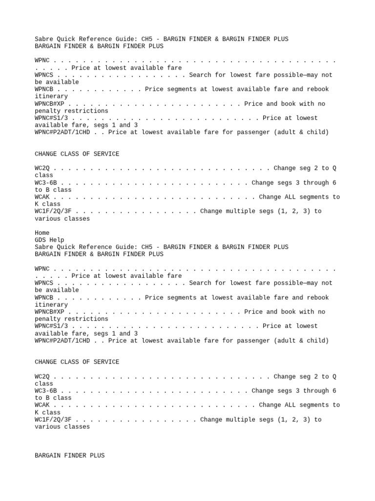 Sabre Quick Reference Guide CH5 - B | PDF | Aviation | Transport