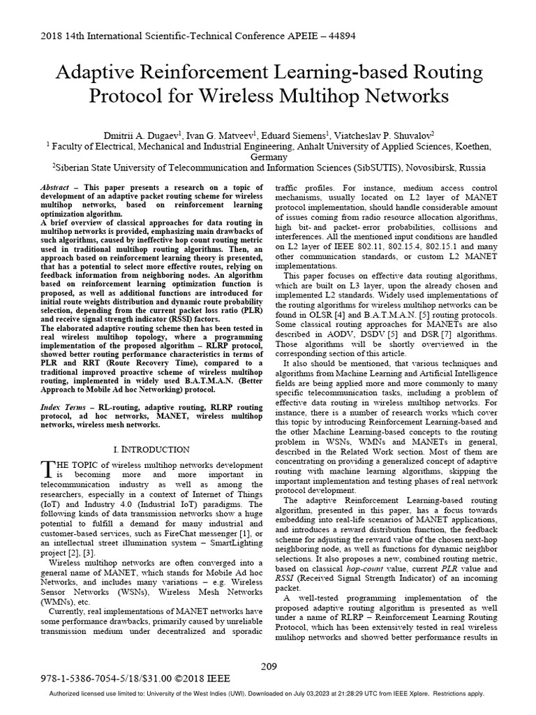 Adaptive Reinforcement Learning Based Routing Protocol For Wireless Multihop Networks Pdf