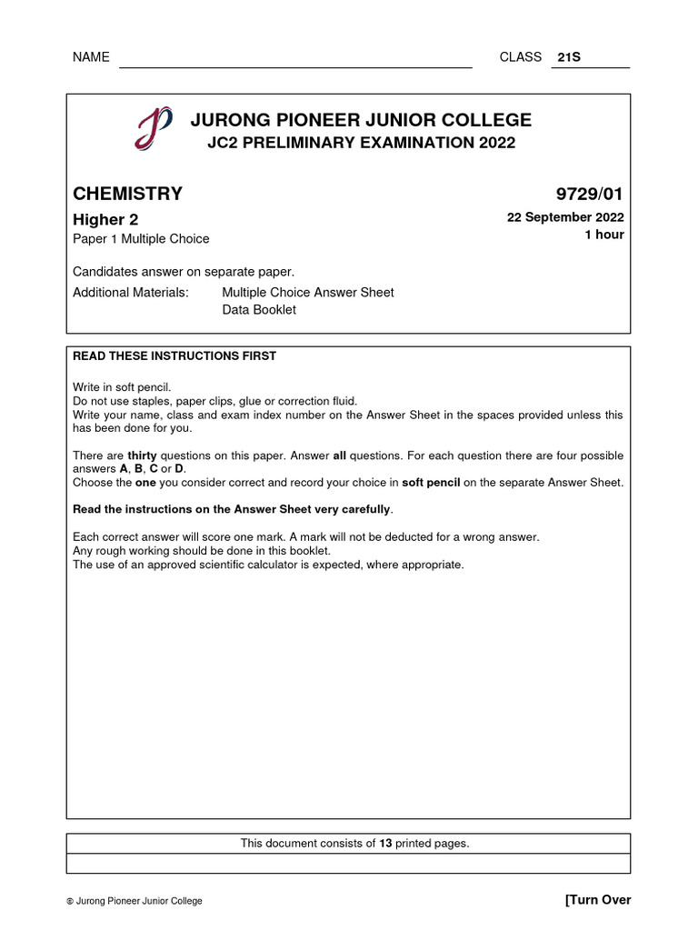 2022 JPJC JC2 H2 Chem P1 Question Paper and Answer | PDF | Chemical ...