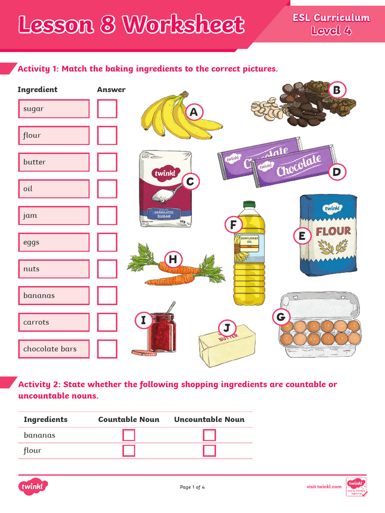 Countable vs Uncountable Nouns in Cooking | PDF | English As A Second ...