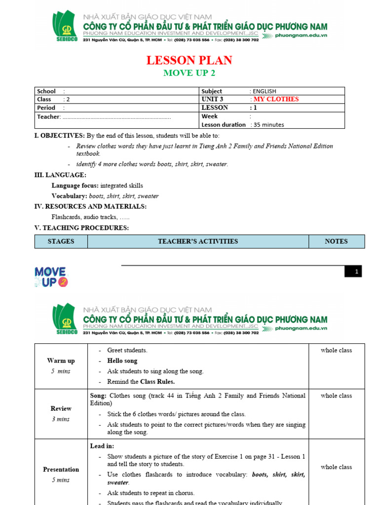 Move Up 2 - Kế hoạch bài dạy (Lesson Plan) - Unit 3 | PDF | Lesson Plan ...