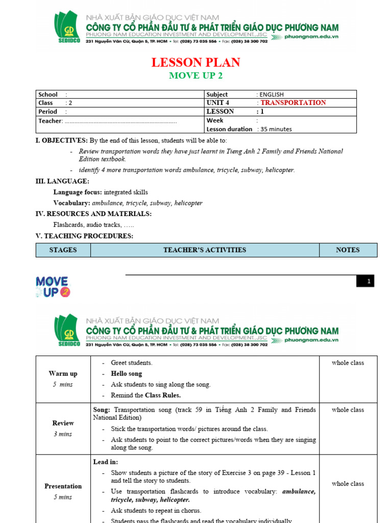 Move Up 2 - Kế hoạch bài dạy (Lesson Plan) - Unit 4 | PDF | Lesson Plan ...