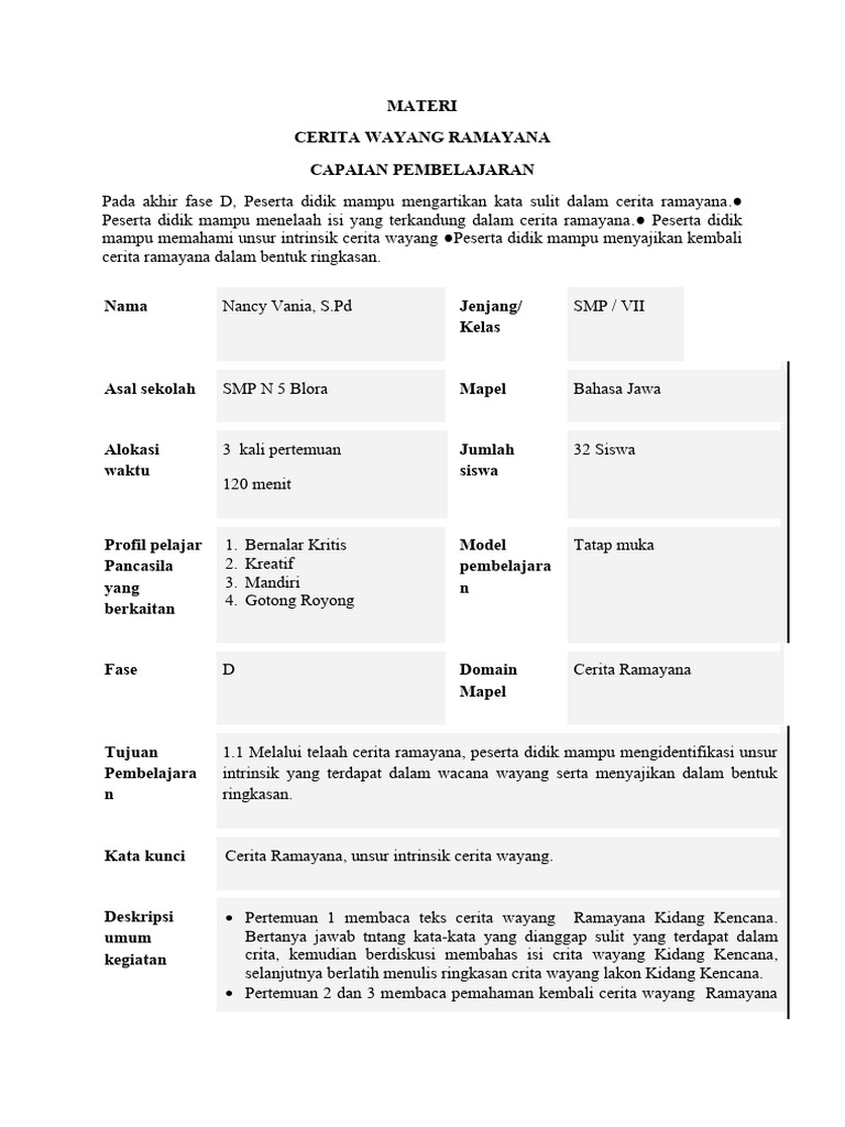 MATERI 3 CERITA WAYANG RAMAYANA - SMT Genap | PDF | Karier & Perkembangan