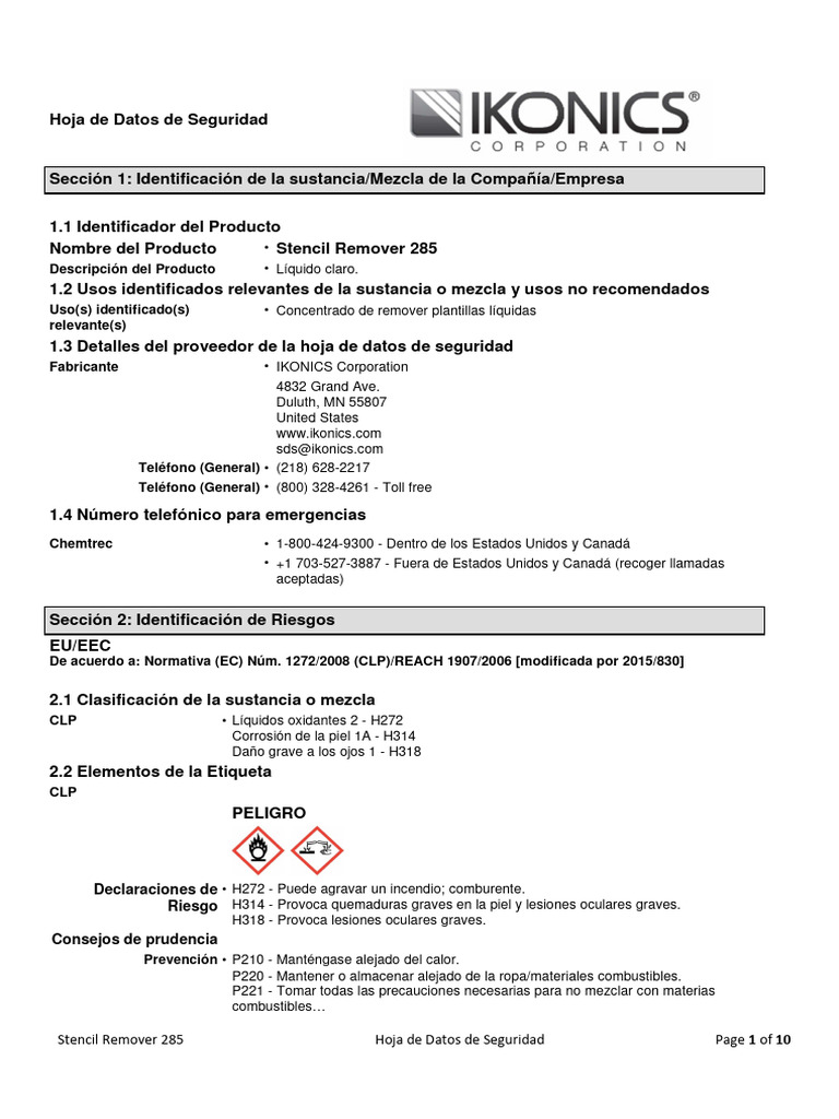 Stencil Remover 285 Hoja de Datos de Seguridad 13 Julio 2018 | PDF ...