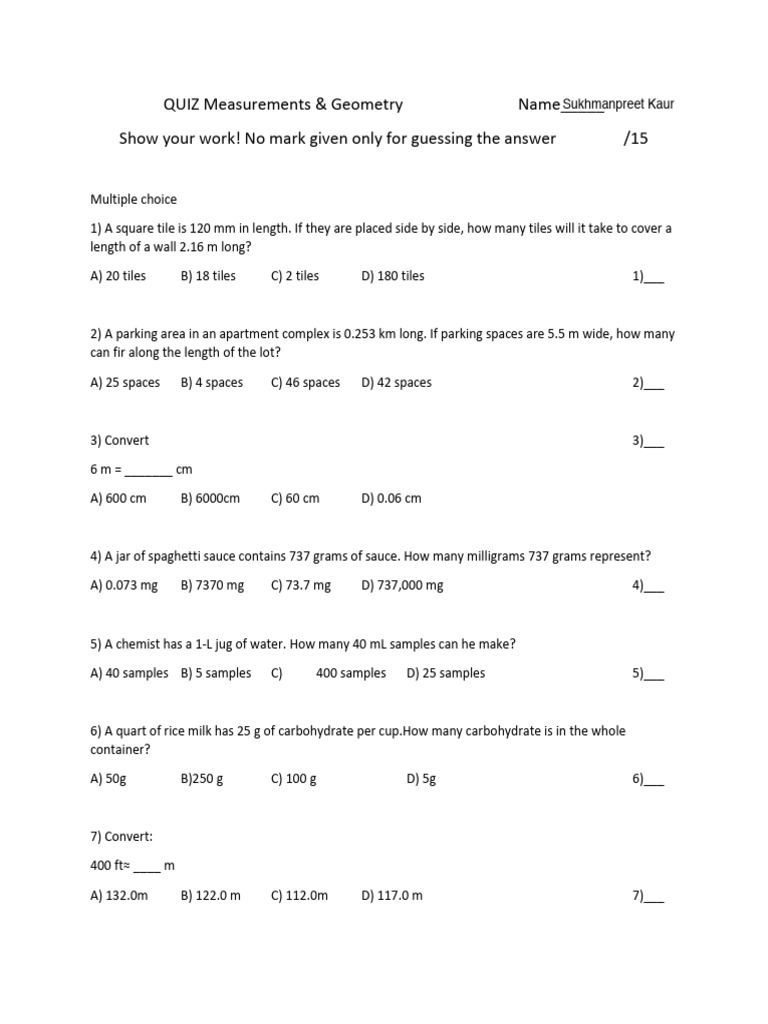 Quiz MeasurementsGeometry | PDF | Area | Rectangle
