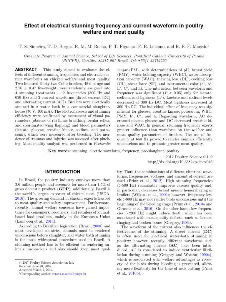 Poultry Stunning: Frequency and Waveform Effects | PDF | Meat