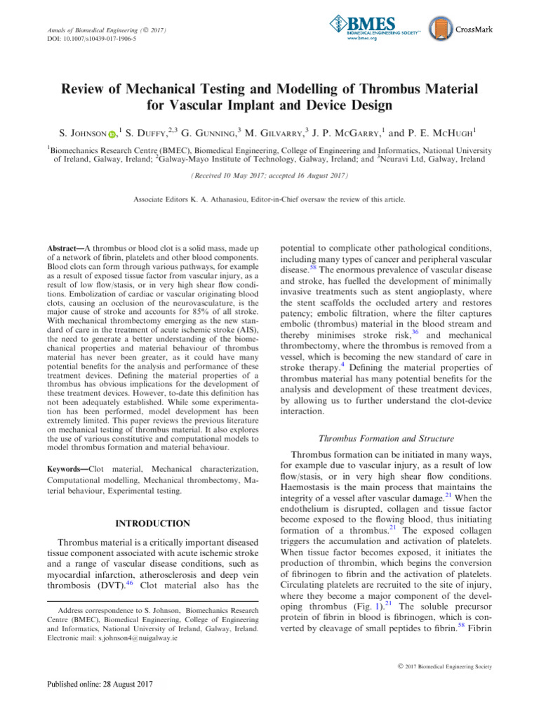 Review of Mechanical Testing and Modelling of Thrombus Material For ...