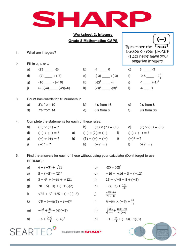 Maths GR8 Integers Worksheet 18052020 | PDF | Mathematics | Money