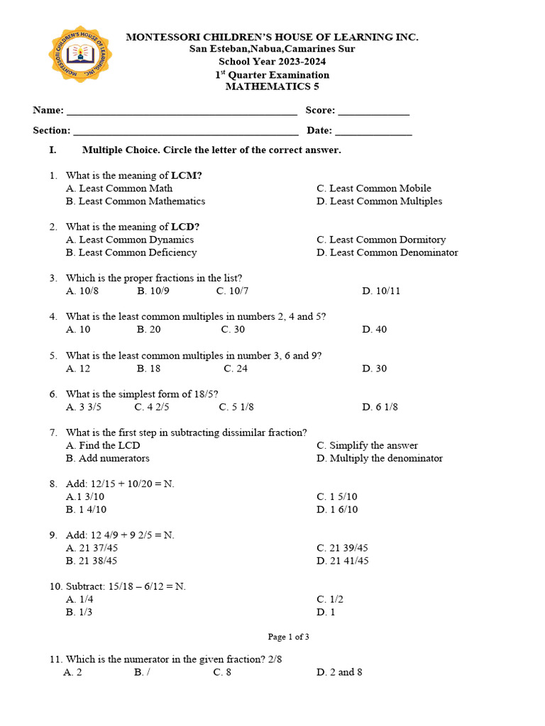 MATH 5 TQ1ST | PDF | Division (Mathematics) | Numbers