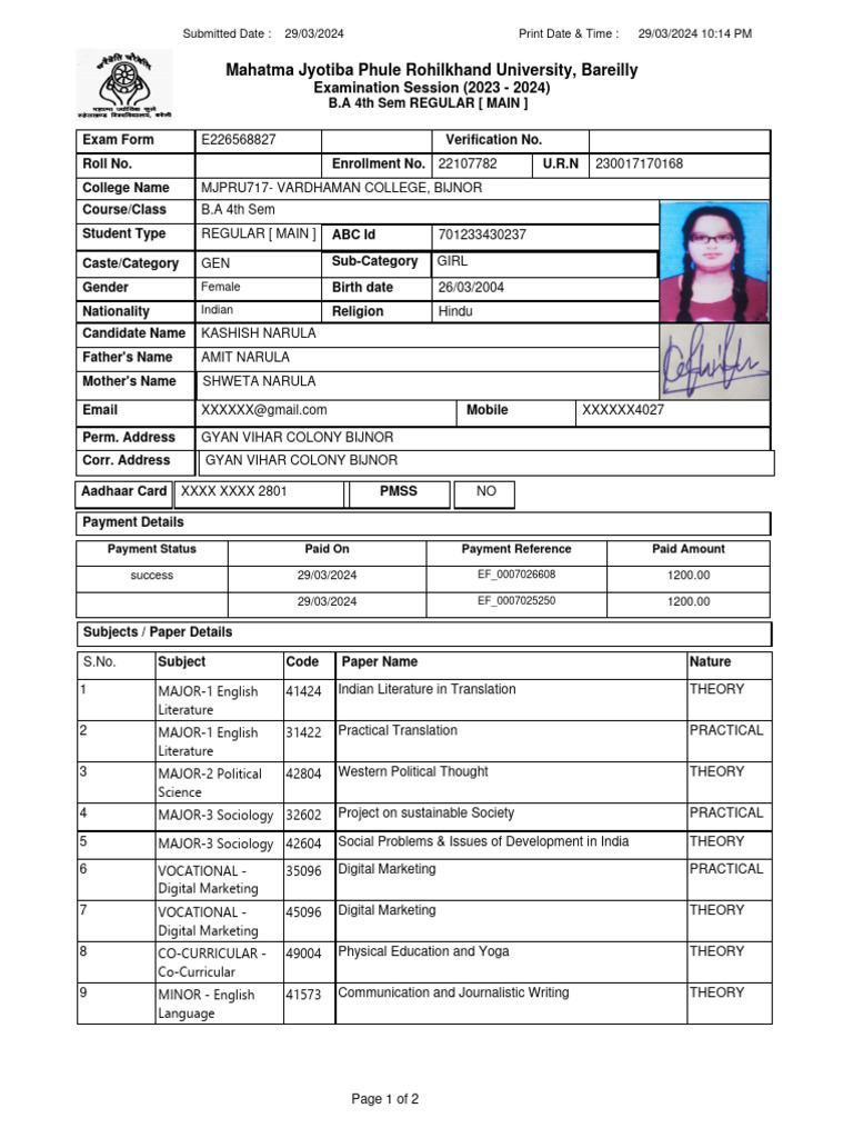 Kashish Examination - Enrollment | PDF