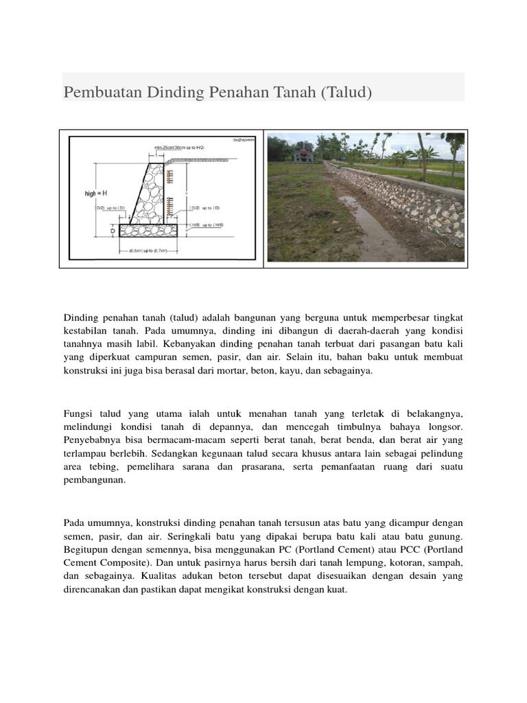 Desain dan Fungsi Talud Penahan Tanah | PDF