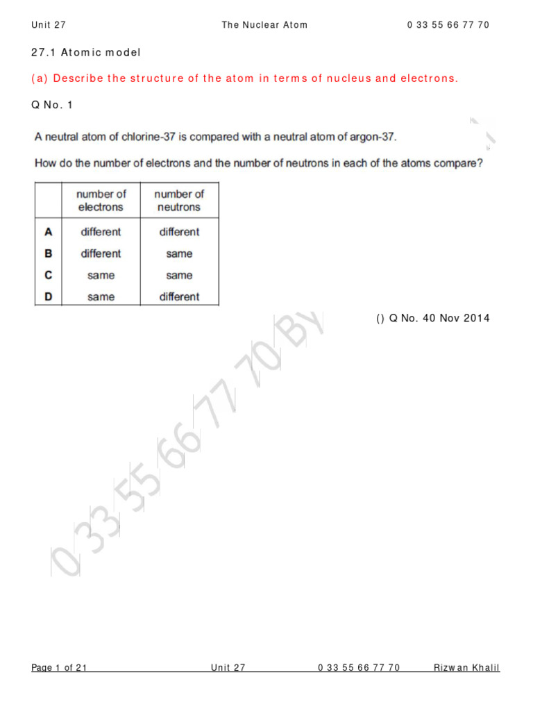 Unit 27 - O-Level MCQs - The Nuclear Atom - Without Answers | PDF ...
