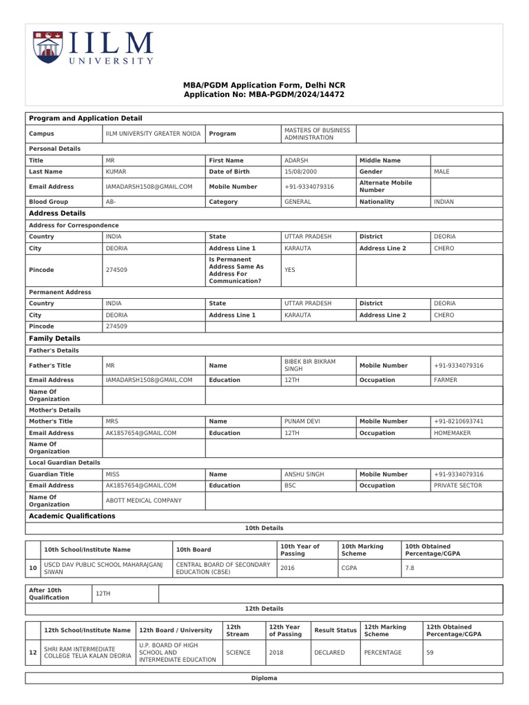 Application Form MBA-PGDM 2024 14472 | PDF