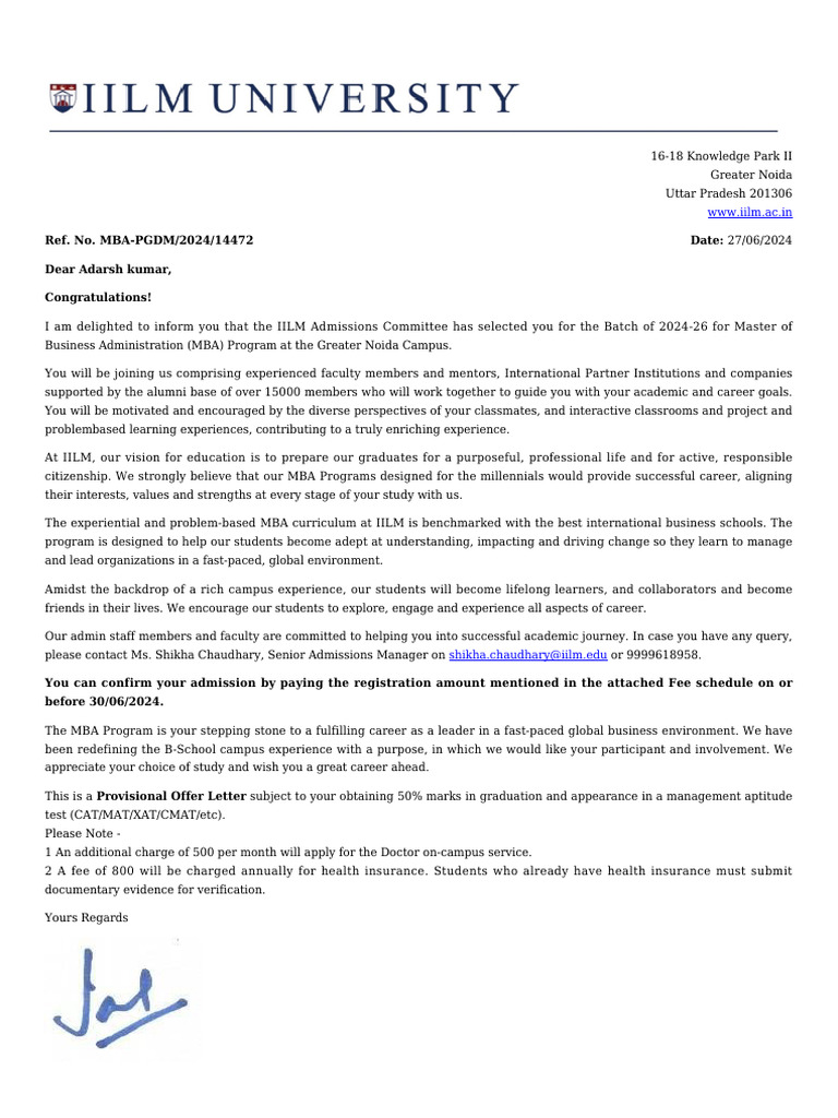 Offer Letter MBA-PGDM 2024 14472 | PDF | Learning | Behavior Modification