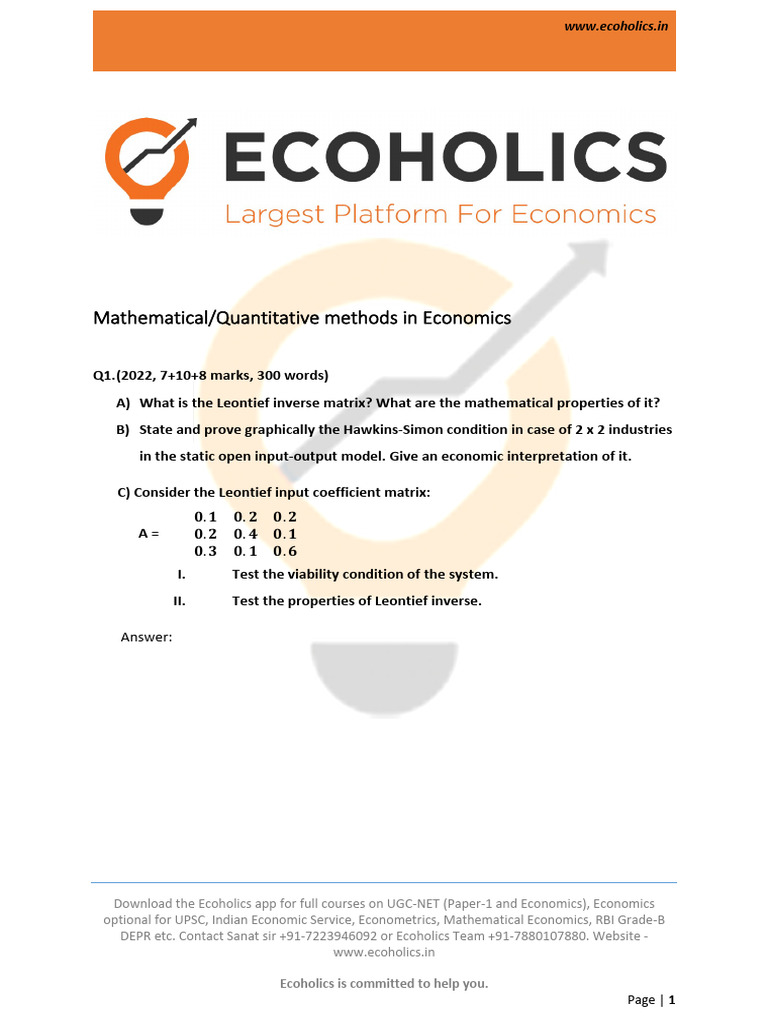 Mathematical Economics PYQ Solutions | PDF | Mathematical Economics | Economics
