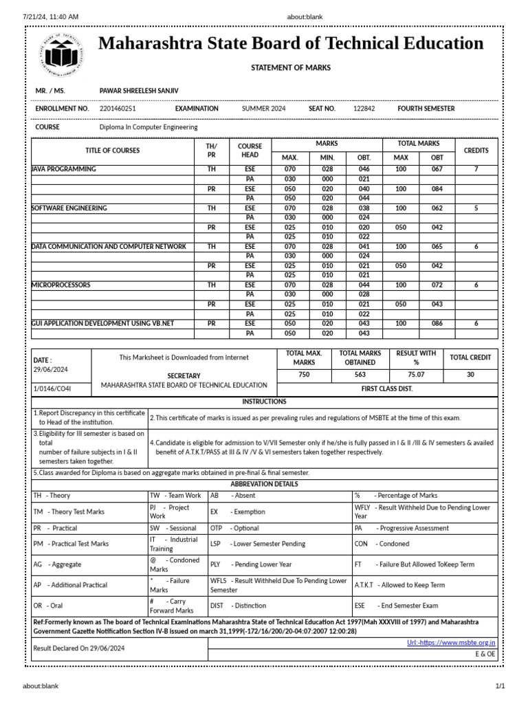 MSBTE Result | PDF | Computing | Qualifications