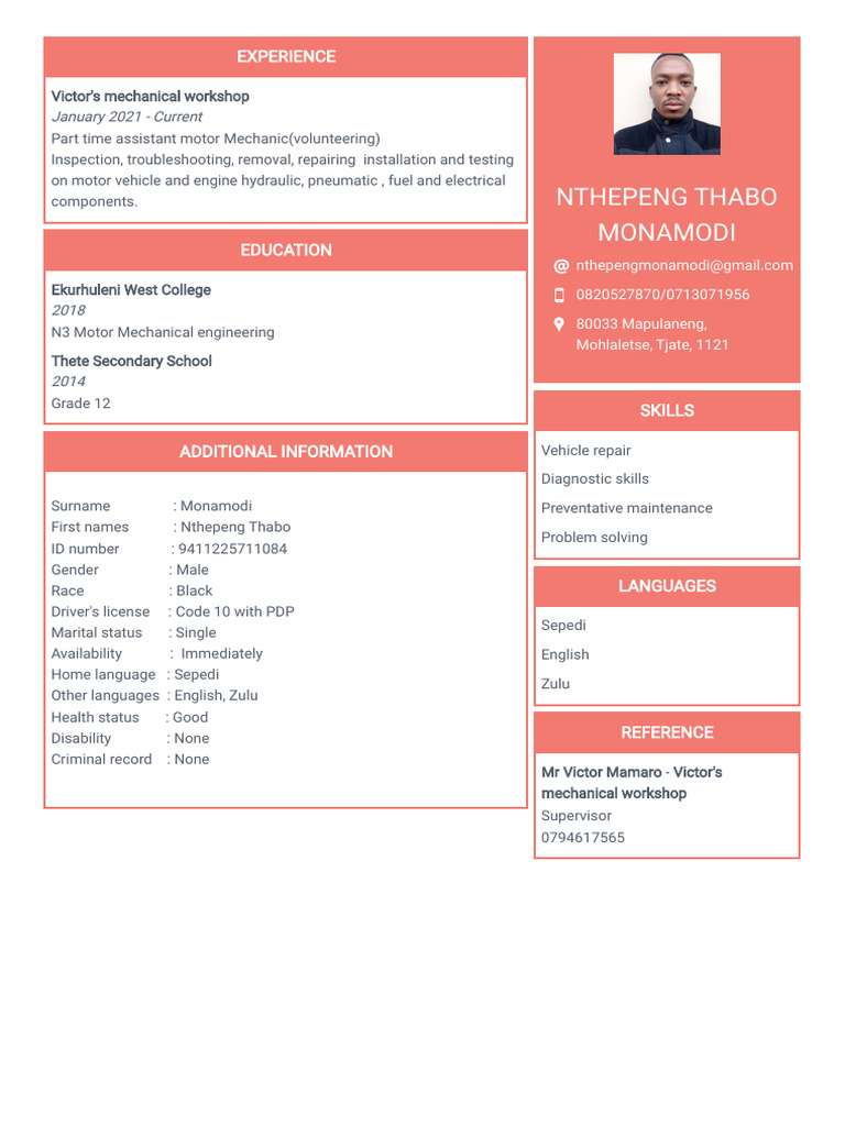 CV, Thabo Mapulaneng | PDF | Transport | Vehicles