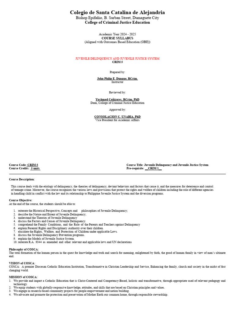 CRIM 5 - Syllabus | PDF | Juvenile Delinquency | Justice