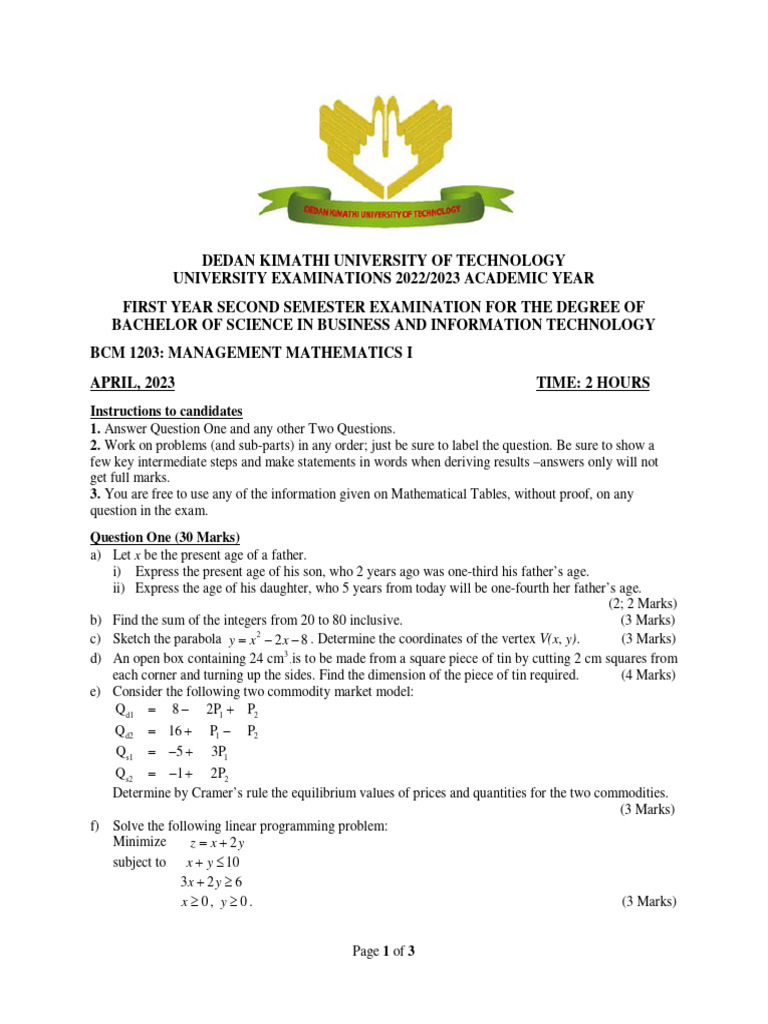 BCM 1203 - Management Mathematics I-Exam | PDF | Interest