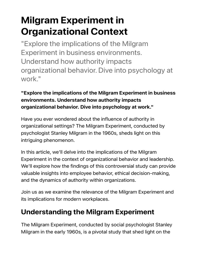 Milgram Experiment's Impact on Workplaces | PDF | Leadership ...