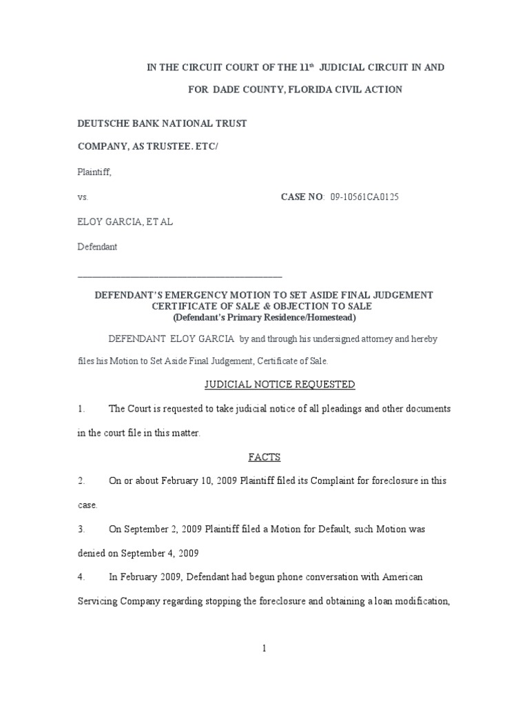 Motion to Set Aside Eloy | Foreclosure | Virginia Circuit Court