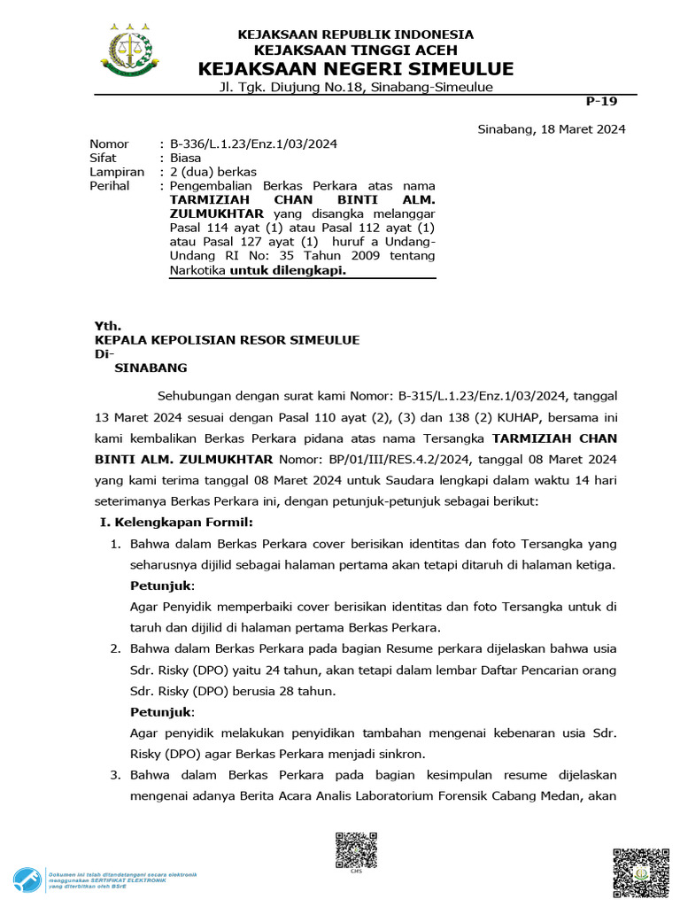 Pengembalian Berkas Perkara P-19 Narkotika | PDF