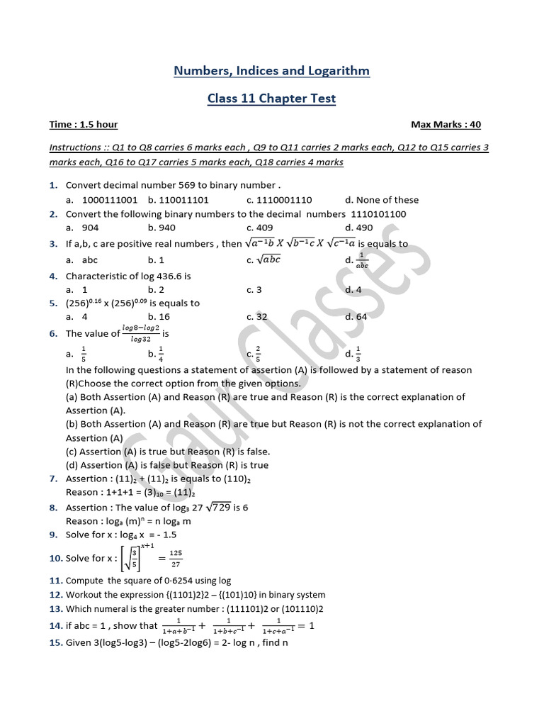 Class 11 Test on Numbers and Logarithms | PDF | Mathematics | Arithmetic