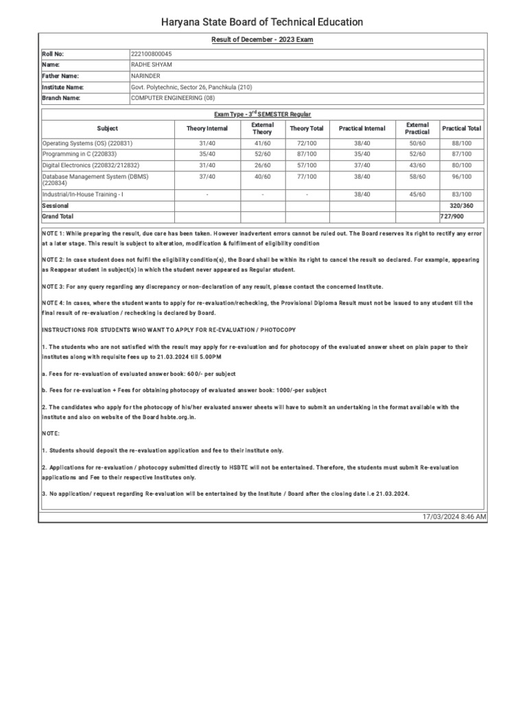 3rd Sem Result | PDF