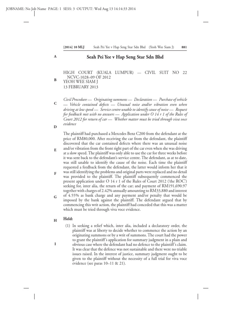 Seah Pei Yee V Hap Seng Star SDN BHD (2014) 10 MLJ 881 | PDF | Summary Judgment | Summons