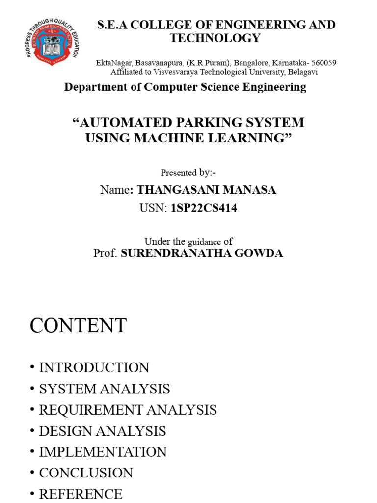"Automated Parking System Using Machine Learning": S.E.A College of Engineering and Technology ...